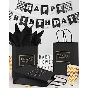 LWBDD 50 Pack Thank You Gift Bags-Small Size Thank You Bags in Bulk With Handles & Tissue Paper for Wedding, Baby Shower, Business, Shopping, Party Favors, Birthday, Hotel Guests (Black-Gold)