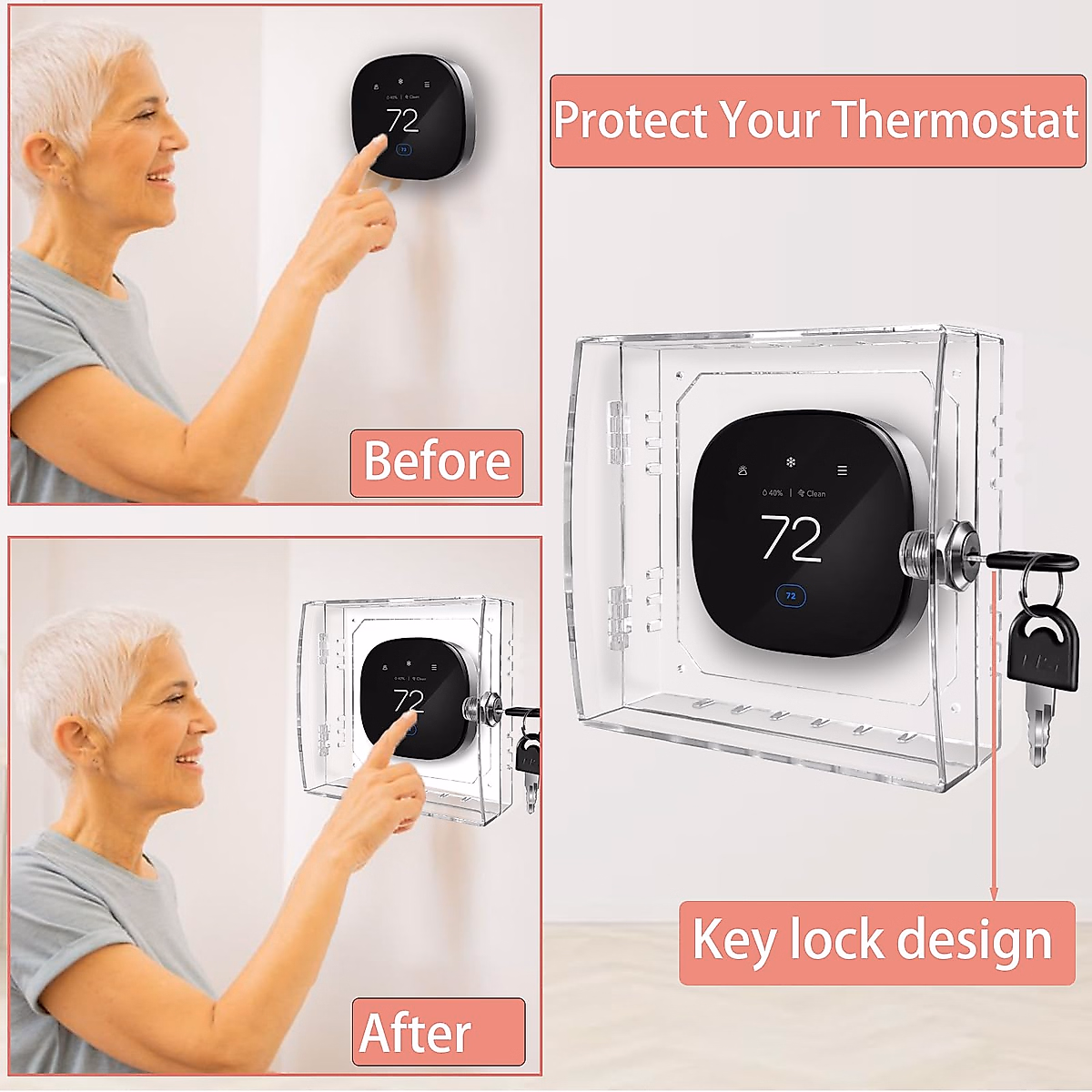 PKLIYH Universal Small Thermostat Lock Box-Thermostat Cover with Key Clear Small Thermostat Guard Fit All Ecobee,Google,Nest Thermostat on Wall 4.72''*4.72''*2'' or Smaller