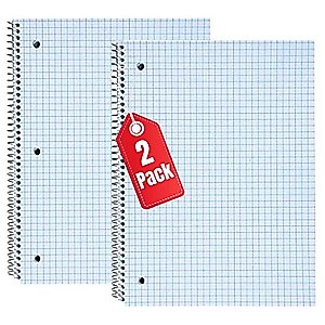 1InTheOffice Graph Ruled Spiral Notebook, Quad Ruled Notebook Spiral, 100 Sheets, 8"H x 10 1/2"W "2 Pack"