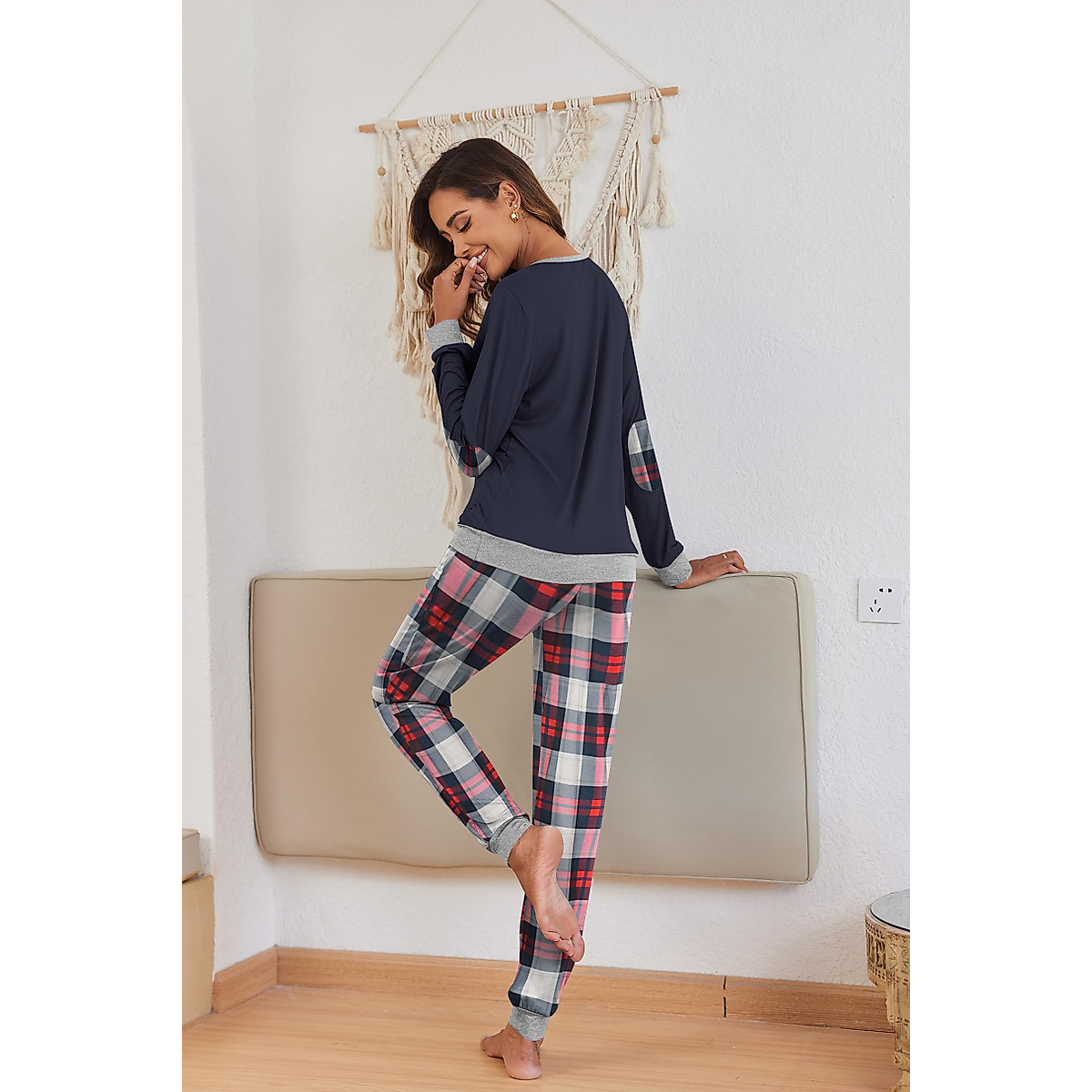 Ekouaer Pajamas Women’s Long Sleeve Sleepwear Christmas Plaid Lounge Sets Winter Pjs With Pockets Blue Plaid,Large