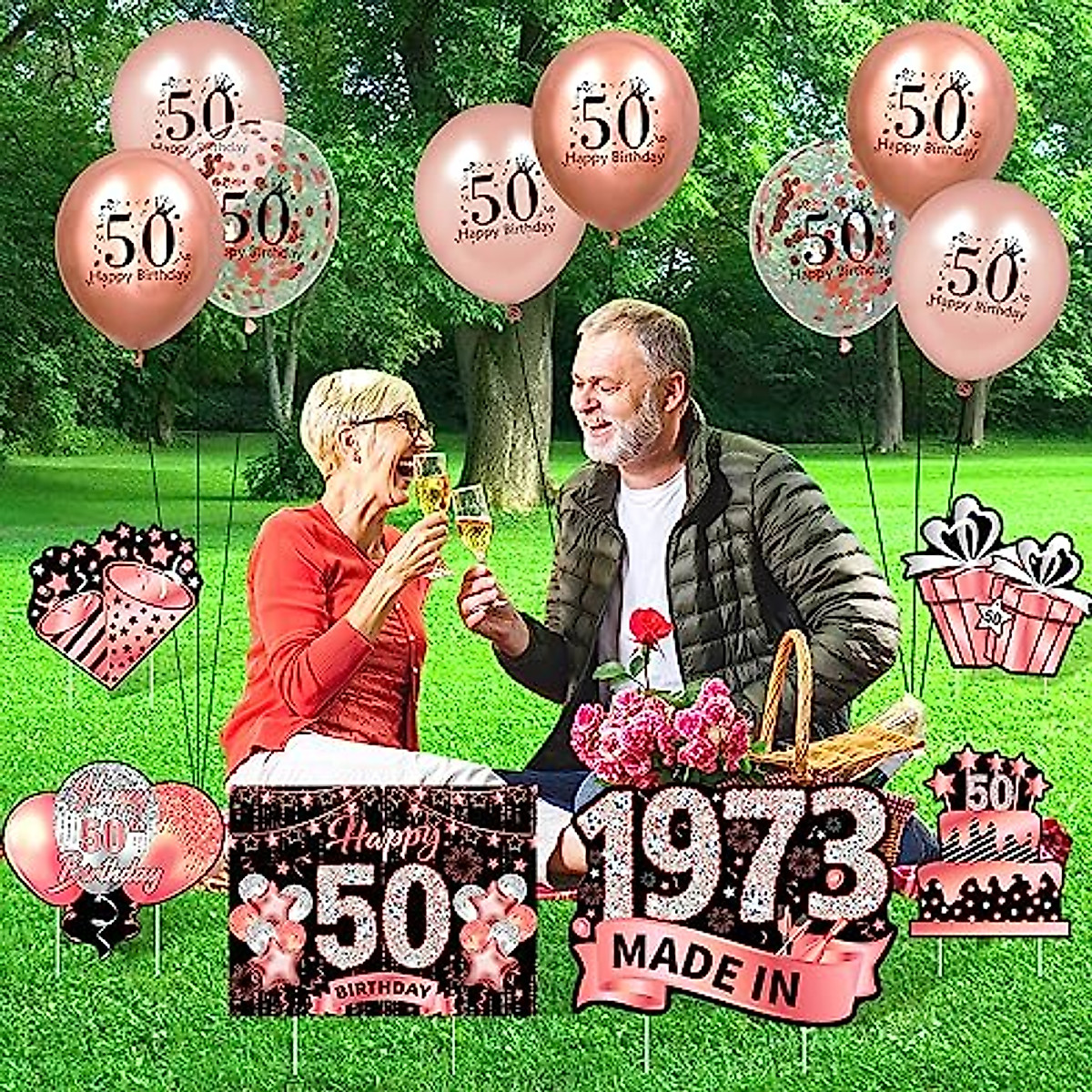 Rose Gold 50th Birthday Decorations for Women 6Pcs 50th Birthday Yard Signs Made in 1973 Lawn Sign & 18Pcs Rose Gold 50th Birthday Balloons for 50 Years Old Party Anniversary Outdoor Decor Supplies