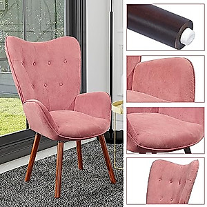 Fangflower Rose Velvet Accent Chair, Modern Button-Tufted Wingback Vanity Seat with Arms, Upholstered High-Back, Sturdy Wooden Legs for Bedroom, Lounge, Living Room