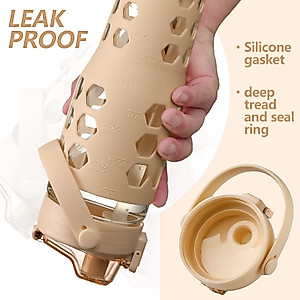 MUKOKO 32oz Glass Tumbler with Straw and Lid,Glass Water Bottles with Time Marker,Iced Coffee Cup,Silicone Sleeve,Leakproof,BPA Free-Amber