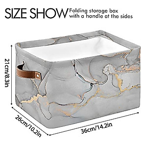 MNSRUU Storage Basket Grey Abstract Fluid Marble Collapsible Organizer Basket with PU Handles, Waterproof Nursery Storage Bin，2 Pack
