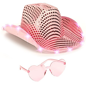 Funcredible Pink Light Up Cowboy Hat and Glasses - Sparkly Disco Cowgirl Hat - Sequin Cowboy Hat for Women - Cowgirl Costumes for Girls