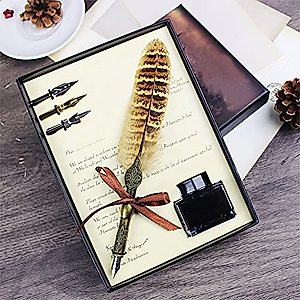 Feather Calligraphy Pen Set Writing Dip Ink Quill Pen Wedding Signature Fountain Pen Birthday Xmas Gift for Kids (Owl feather pen)