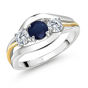 Gem Stone King 925 Sterling Silver and 10K Yellow Gold Round Blue Sapphire and White Lab Grown Diamond 3 Stone Ring For Women (1.14 Cttw, Available In Size 5, 6, 7, 8, 9)