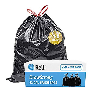 Reli. 30 Gallon Trash Bags Drawstring | 250 Count Bulk | Black | 33 Gallon Garbage Bags Heavy Duty | Large