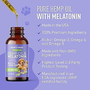 Nature's Synergy Melatonin and Hemp Oil for Dogs, Cats & Pets, 2 Pack, Calming Sleep Support, Omega Fatty Acids for Hip and Joint Support, Skin and Coat Health, Stress from Travel, Separation