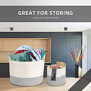 Clubasket 2 Pcs Cotton Rope Basket Large Woven Storage Basket Blanket Basket Living Room Laundry Basket Hamper Storage Bins Toy Basket for Home (Grey&White 20x13'')