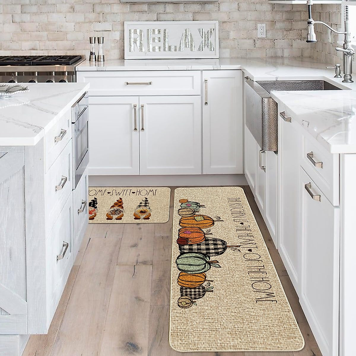 Artoid Mode Home Sweet Home Gnome Pumpkin Decorative Kitchen Mats Set of 2, The Kitchen is The Heart of The Home Seasonal Fall Holiday Party Vintage Low-Profile Floor Mat - 17x29 and 17x59 Inch