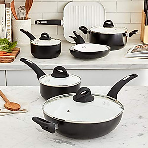Oster Herstal Aluminum Cookware Set with Ceramic Non-Stick and Soft Touch Bakelite Handle with Tempered Glass Lids, 11-Piece, Black w/White Interior