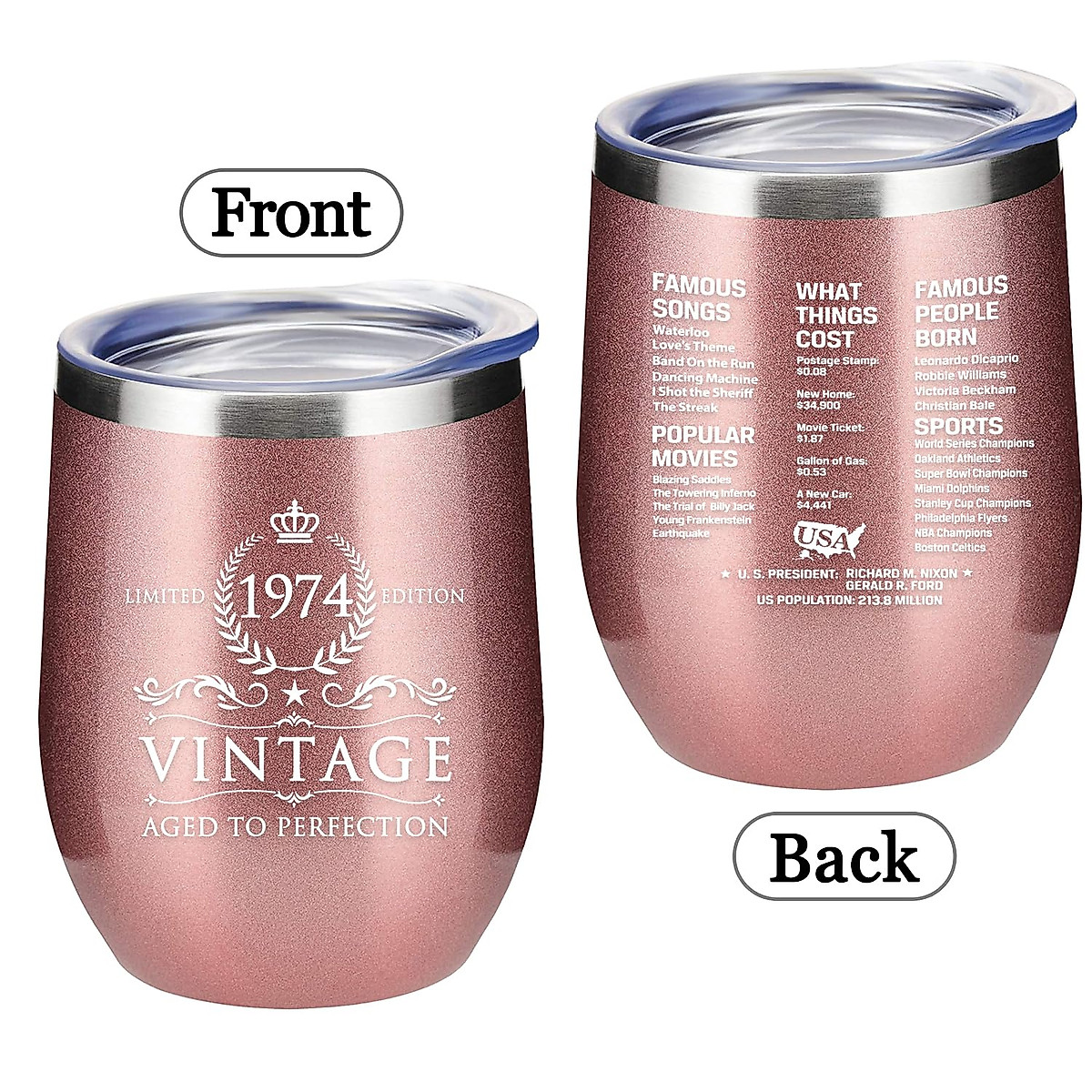 50th Birthday Gifts for Women and Men - 1974 50th Birthday Decorations - 12 Oz Insulated Stainless Steel Wine Tumbler with Lid for Her Wife Mom Grandma Aunt Friend, Rose Gold