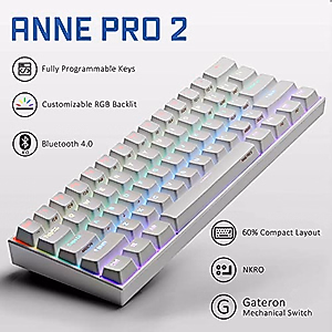 Anne PRO 2D, 60% Wired/Wireless Mechanical Keyboard (Gateron Brown Switch/White Case) - Full Keys Programmable - True RGB Backlit - Tap Arrow Keys - Double Shot PBT Keycaps - NKRO - 1900mAh Battery