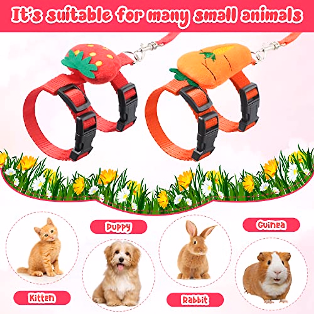 2 Pack Adjustable Rabbit Harness and Leash Bunny Harness Leash Set Harness Leash for Rabbit Kitten Puppy Pig and Small Pet Animals (Carrot, Strawberry)