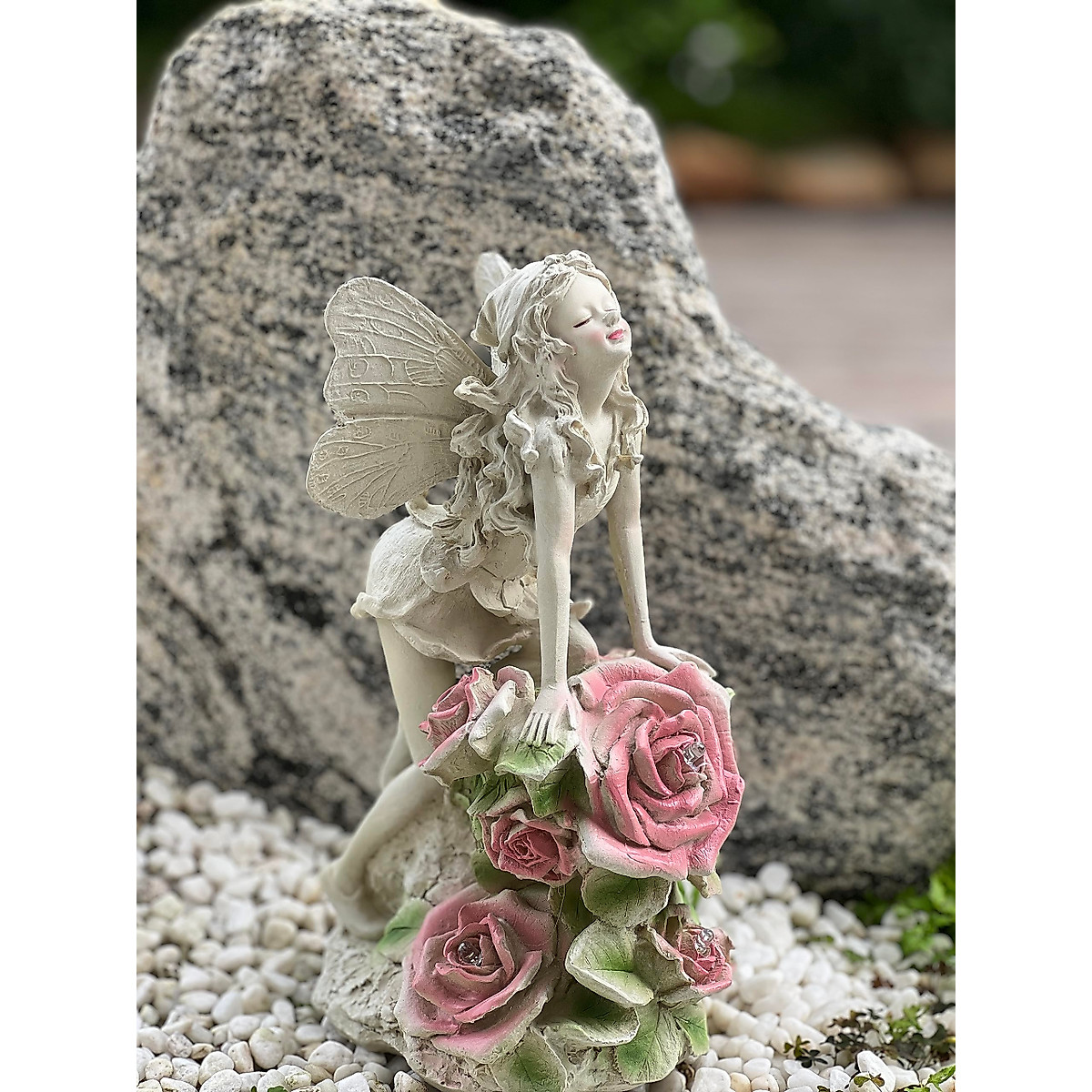 JOEL Solar Garden Statues - Outdoor Garden Decor - Rose Fairy Figurine with 4 Waterproof LED Lights - Angel Art Home Decoration for Yards/Lawn- Unique Housewarming Birthday Gift for Women,Mom,Grandma