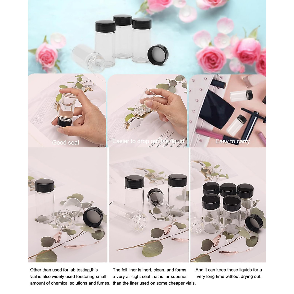 JIUWU 20 Pack, 20 ml Clear Glass Vials with Screw Caps 5 Dram Small Size Storage Bottle Container with Lids for Lab/Travel Essential Oil Samples Anointing Oil Vial Specimen and Water Sample Bottles