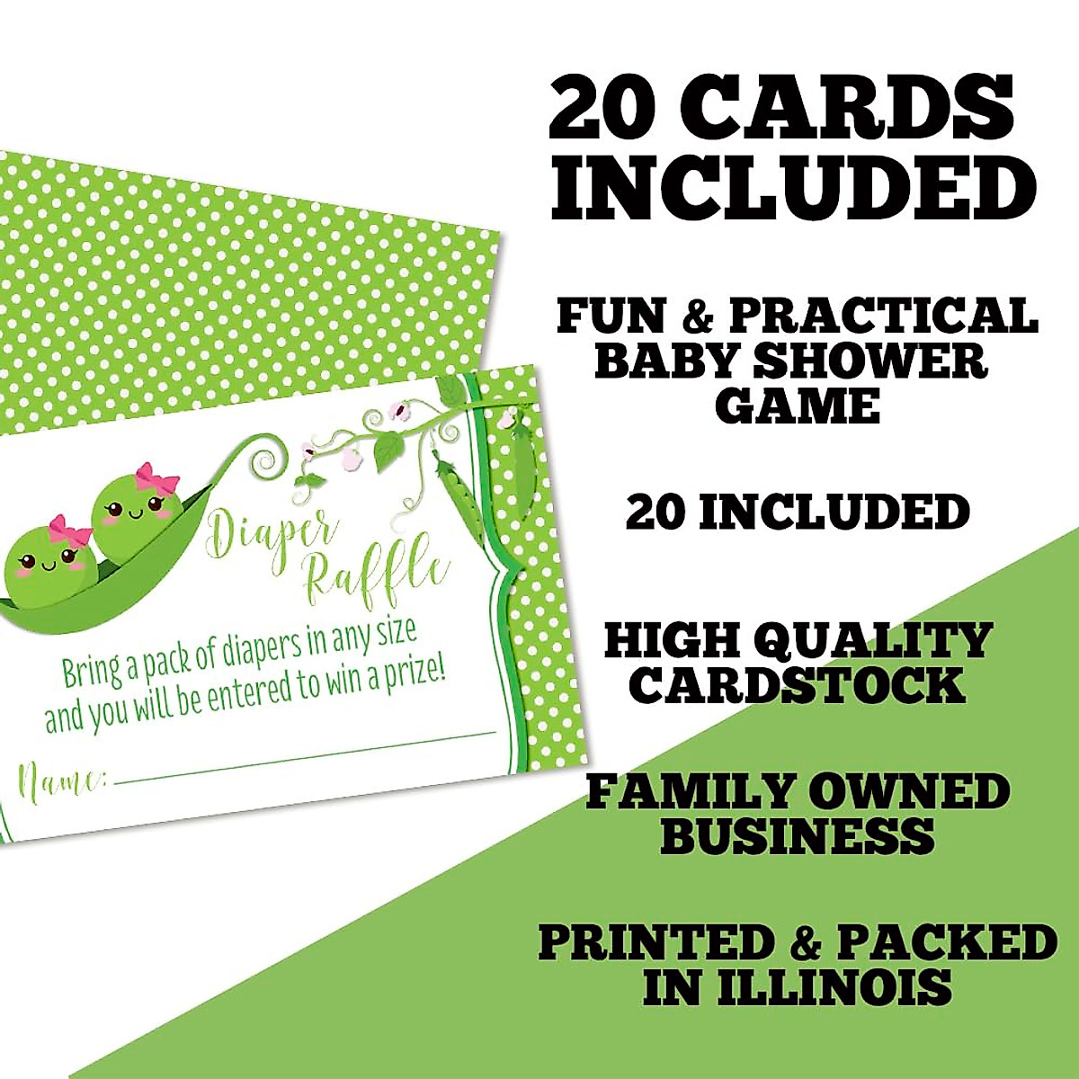 Two Peas In A Pod Twin Girls Diaper Raffle Tickets for Baby Showers, 20 2" X 3” Double Sided Insert Cards for Games by AmandaCreation, Bring a Pack of Diapers to Win Favors & Prizes!