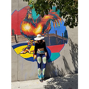 Uptown Apparel Womens Fold Over Waist Wide Leg Palazzo Pants, Good for Tall Curvy Women-Ships from U.S.A. (Small, Navy Tribal)