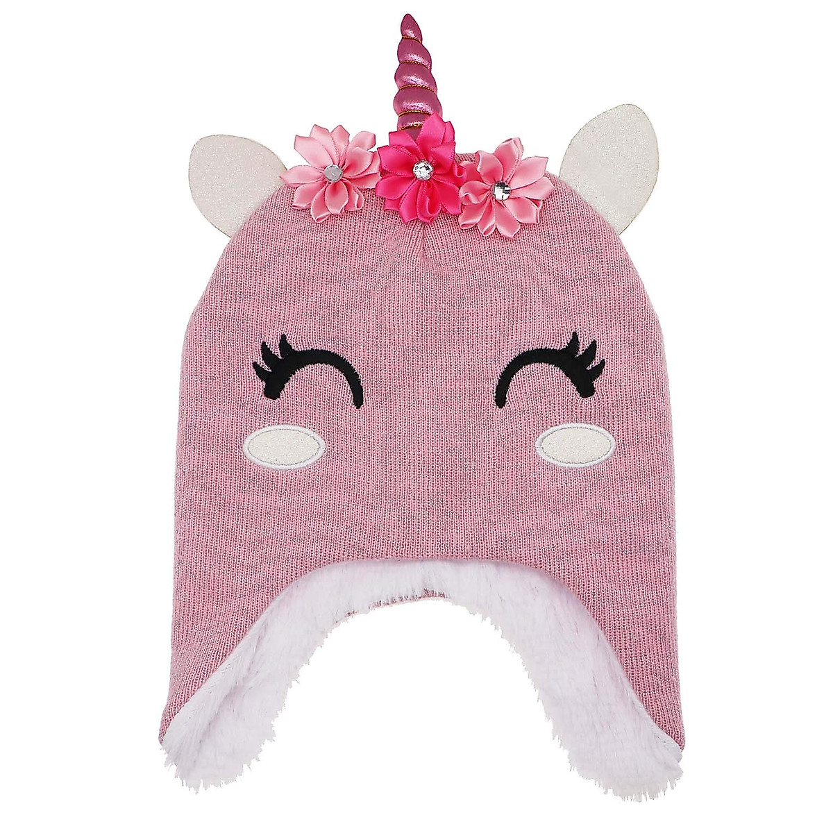 Little Girls Winter Unicorn Beanie Hat and Gloves Set Kids Knitted Earflap Cap Flip Top Mitten Set
