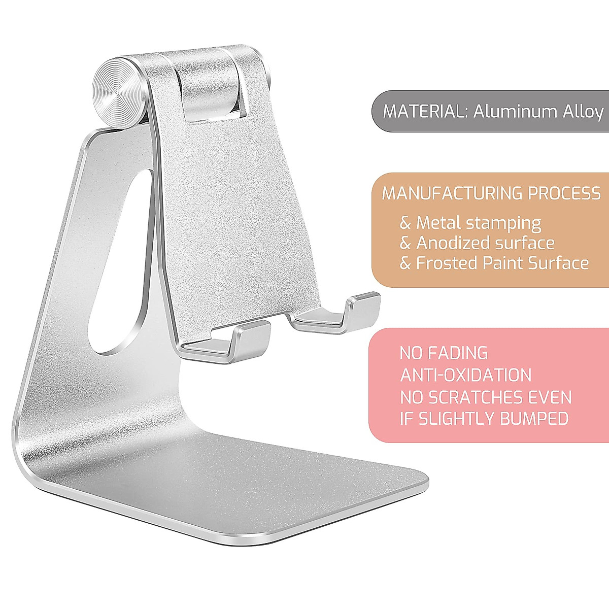 Tofun Silver Foldable Aluminum Alloy Cell Phone Holder,Tabletop Metal Phone Stand with Adjustable Angle by Swivel Axis,Smartphone Cradle