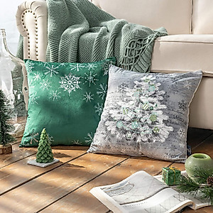 Phantoscope Pack of 4 Merry Christmas Decorative Velvet Embroidery Throw Pillow Cover with Snowflake, Trees, Elves, Elk Cushion Covers for Xmas Couch Sofa, Green and Grey, 18 x 18 inches, 45 x 45cm
