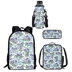 INSTANTARTS Set of 4 School Supplies Purple Koala Print Shoulder Bookbags Casual Daypack with Picnic Bag Coin Pouch Tea Bottle Sleeve with Strap Adjustable