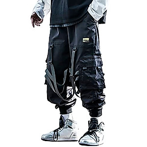 MOKEWEN Men's Multi Straps Cargo Pockets Streetwear Jogger Ankle Ninth Pants with Elastic Waist Drawstring Black W 32-33