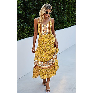 Angashion Women's Dresses Floral Adjustable Spaghetti Strap V Neck Boho Long Maxi Dress Summer Beach Flowy Ethnic Sundress 2141 Yellow Medium