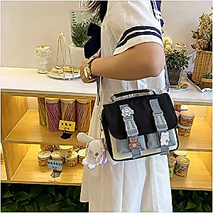JELLYEA Kawaii Shoulder Bag with Cute Accessories Pins Kawaii Tote Bag School Crossbody Backpack Casual Fashion (Black)