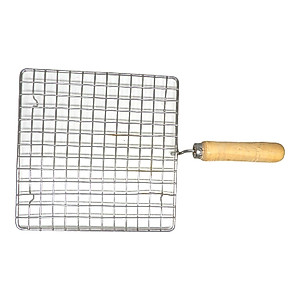 GD Stainless Steel Wire Roaster Papad Jali Roaster Grill Barbecue Grill Wooden Round Handle Square Roasting Net