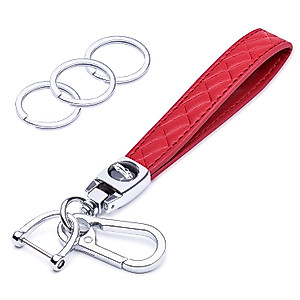 Wisdompro Microfiber Leather Car Keychain, Universal Key Fob Keychain Leather Key Chain Holder with 3 Keyrings and 1 Screwdriver for Men and Women - Red