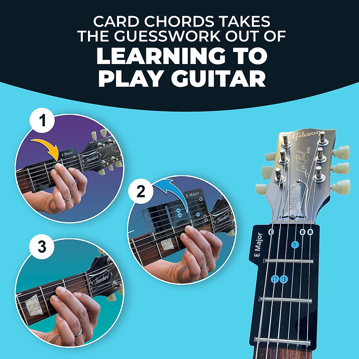 Learn Guitar in Minutes Card Chords (Gibson Edition) GUITAR CHORDS allow you to PLAY an ELECTRIC Guitar while the CARD is on the FRETBOARD Made in USA Music Gift