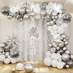 Disco Balloon Garland Arch Kit, White and Silver Confetti Balloon Arch Kit Different Sizes, Prom Send Off Decorations 2024, Disco Bachelorette Party Decorations, Disco Ball Balloons