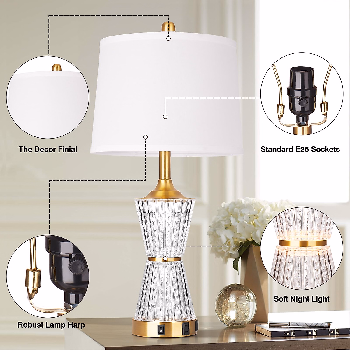 26" Modern Table Lamps, Gold Set of 2 Table Lamps Night Light with 2 USB Charging Ports & AC Outlet, Bedside Nightstand Lamp White Shade for Living Room Bedroom Home Decor(2 LED Bulbs Included)