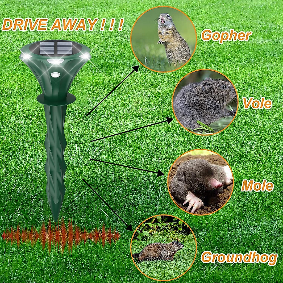Pack of 2 Solar Mole Repellent Sonic Gopher Repellent Vole Chaser Mole Deterrent Sonic Spikes Rodent Repellent Ultrasonic Pest Control Outdoor Keep Moles Out of Yard Lawn