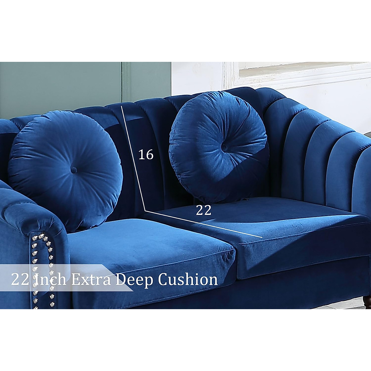 SIENWIEY Chesterfield Chair Couch, 40 Inch Luxurious Velvet Single Chair Chesterfield Settee Sofa Upholstered Rolled Arm with Rivets/Button Tufted Pillow, Modern Sofa for Living Room，Blue