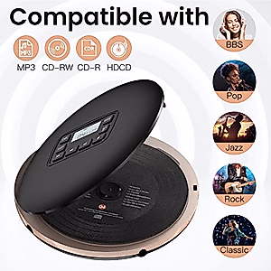 HOTT CD611 CD Player Portable Anti-Shock Personal Portable CD Player with Headphones USB AUX Output for Car Travel Home - Black