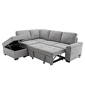 Merax L Shaped Sectional Sofa Couch Sleeper Bed with Storage Ottoman and Chaise for Small Apartment, Living Room Love Seats, Gray