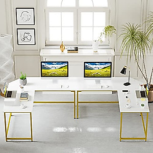 Elephance 59" L Shaped Desk Corner Computer Desk Gaming Table with Monitor Stand Workstation for Home Office (Large, White+ Gold Frame)