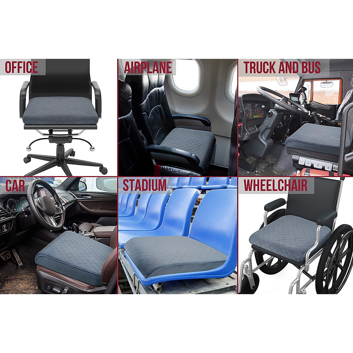 COMFORTANZA Large 19"x17"x3.25" Memory Foam Seat Cushion with Cooling Effect, Washable Cover and Non-Slip Base for Office Chairs, Wheelchairs, Recliners, Cars - Back Pain Relief - Medium-Firm - Gray