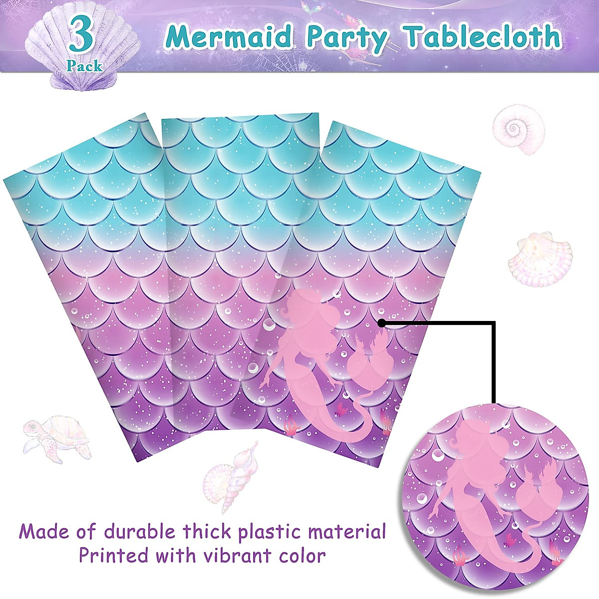 3Pcs Mermaid Birthday Party Favors Mermaid Tablecloth Decorations Disposable Plastic Table Cover for Girls Princess Under The Sea Baby Shower Themed Birthday Party Favors,108x54 Inch