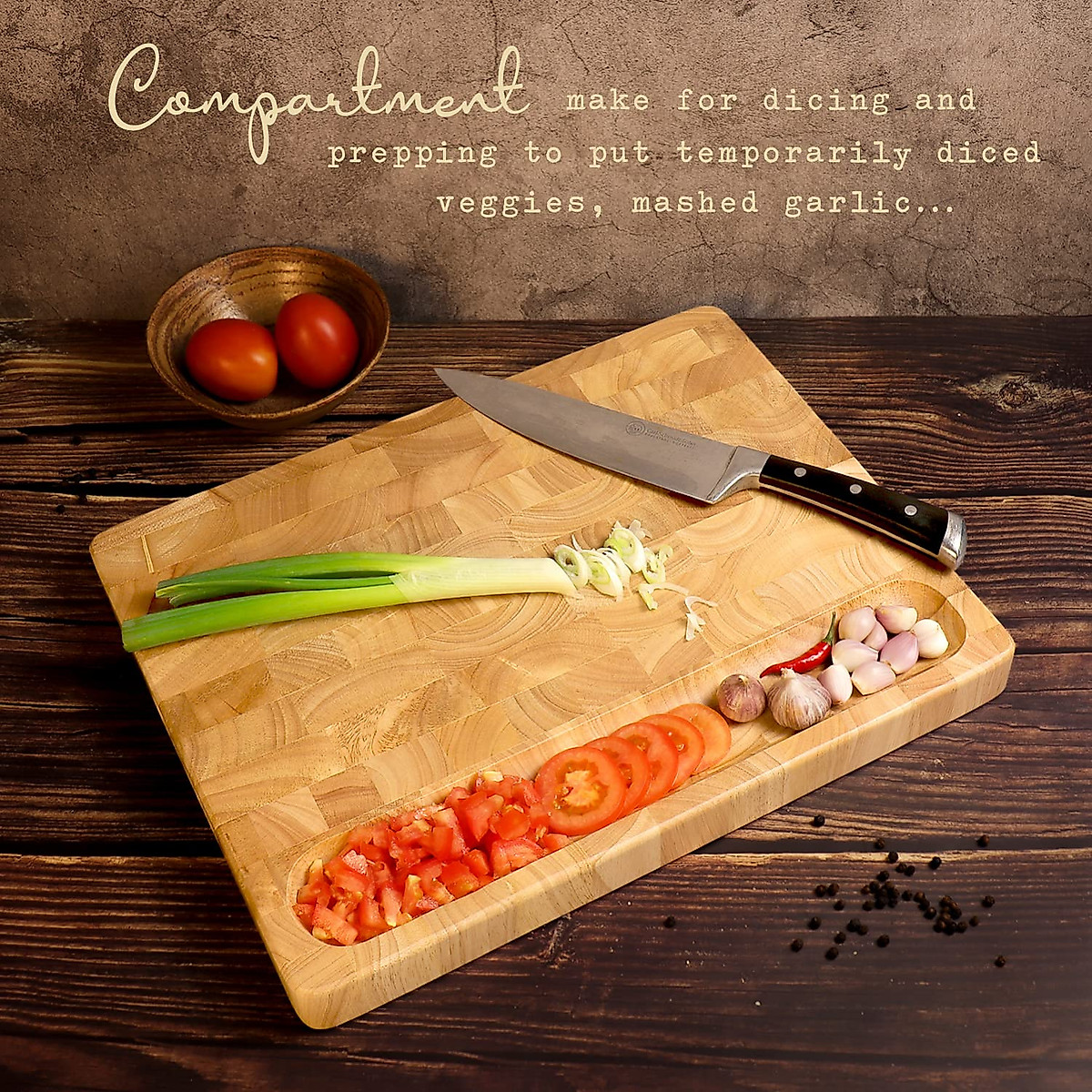 Cutting Board (17x13x1,5in) Wood Cutting Board, End Grain Cutting Board, Wooden Butcher Block, Chopping Board - Reversible Multipurpose For Kitchen with Juice Groove, Cracker Holder & Inner Handles.