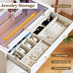 JanflyHome 5 Drawer Dresser for Bedroom Tall, Glass Dresser with 20 Colors LED Lights as Jewelry Organize, Wood Chest of Drawers for Bedroom, Living Room, Cloakroom, Entryway, White