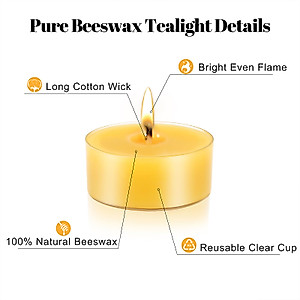 48 Packs Beeswax Tealight Candles, 100% Pure Beeswax Candles | 4-Hour Extended Burn Time | Natural Beeswax Tea Lights Candles in Clear Cup, Perfect for Home Deco,Air Purification,Fragrance