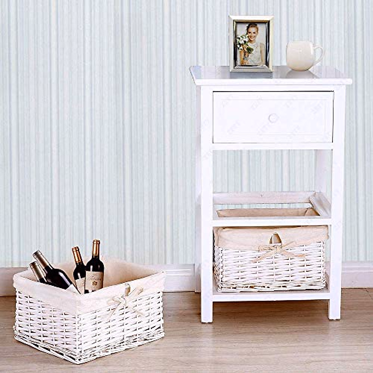 Giantex Nightstand with Drawers Wooden, W/ 2 Storage Baskets and Open Shelf for Bedroom, Bedside Sofa End Table (2, White)