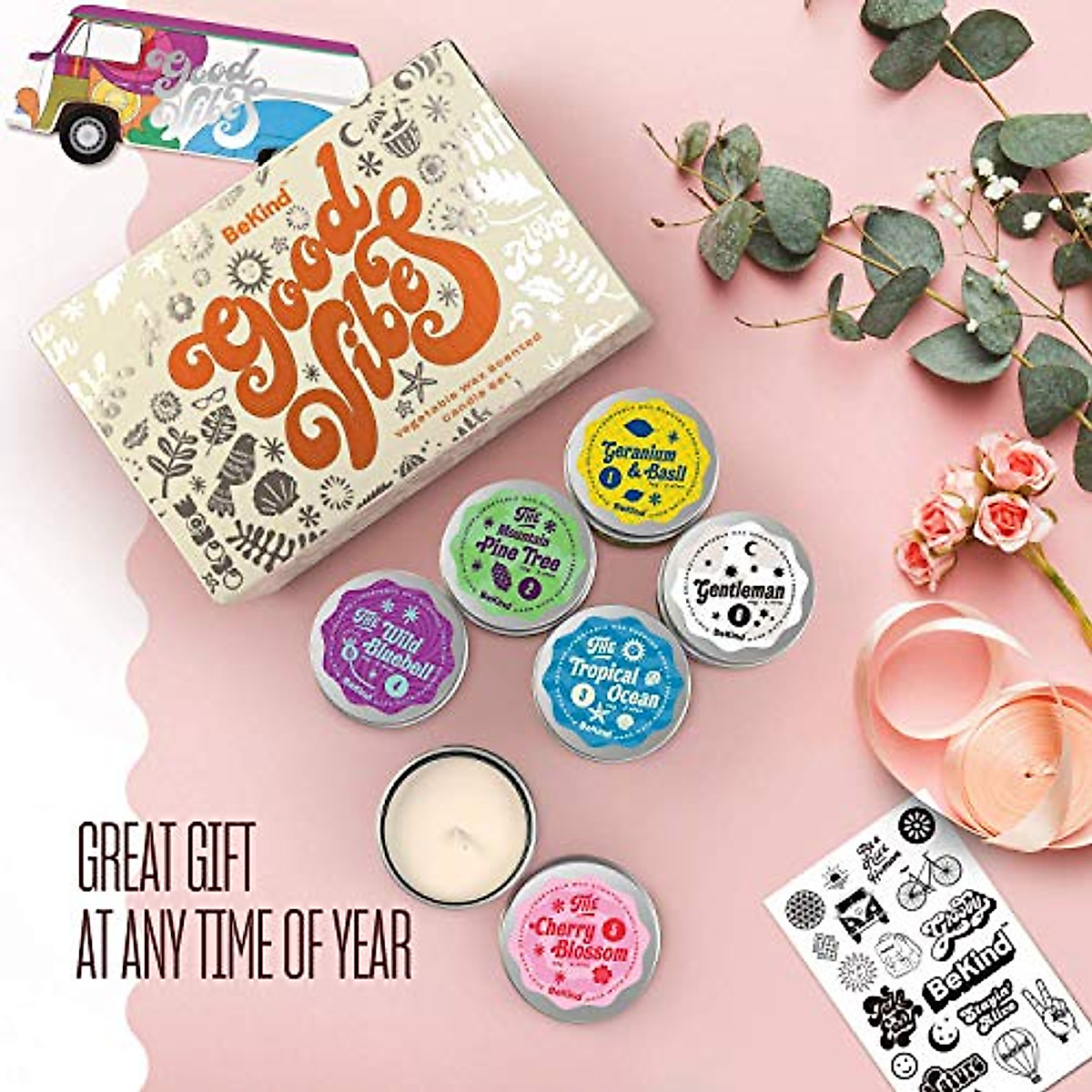 Bekind Good Vibes 6 Scented Candles Set - Scented Candles for Home, Relaxing Stress Relief, Aromatherapy - Natural Soy Wax and Fragrance - Gifts for Women, Mom, Best Friend, Wife, Birthday