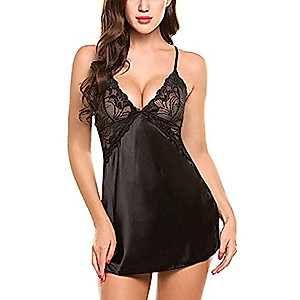 Nightwear Satin Sleepwear Slip Dress, Deep V Lace Lingerie, Silk Nightgown for Women (Black, S)