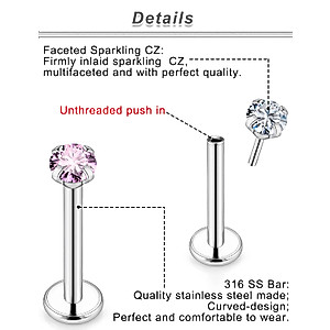 Ocptiy 18G Push in Nose Ring Stus for Women Surgical Stainless Steel Straight Threadless Nose Nostril Lip Ring Stud Bone Pin Bar Cartilage Tragus Helix Earring Piercing Jewelry Men Diamond 3mm Silver