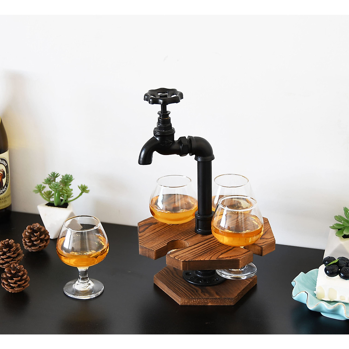 Owlgift Industrial Pipe & Burnt Wood Beer/Whiskey Flight Set with 4 Glasses, Cast Iron Faucet Spigot Design